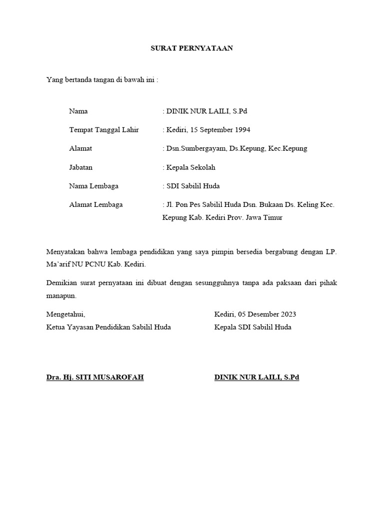 Surat Pernyataan Menjadi Anggota Ma'Arif | PDF