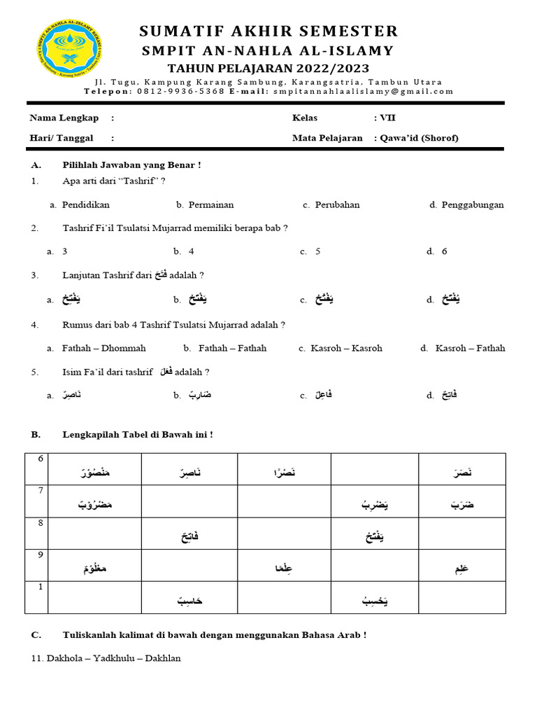 Soal Shorof Kelas VII SMPIT An-Nahla | PDF