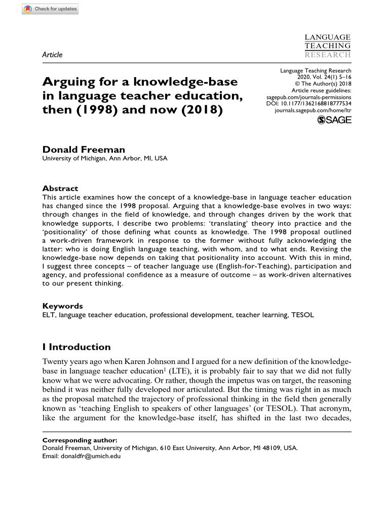 Freeman 2018 Arguing For A Knowledge Base in Language Teacher Education ...