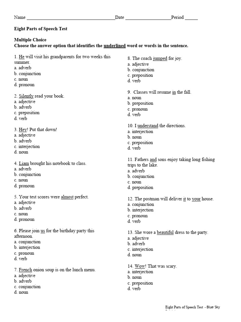 Eight Parts of Speech Test | PDF | Part Of Speech | Adverb
