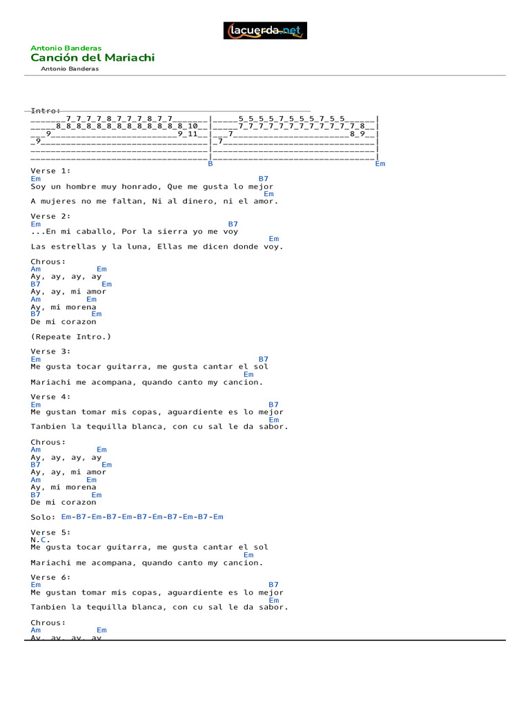 CANCION DEL MARIACHI, Antonio Banderas_ Acordes | PDF