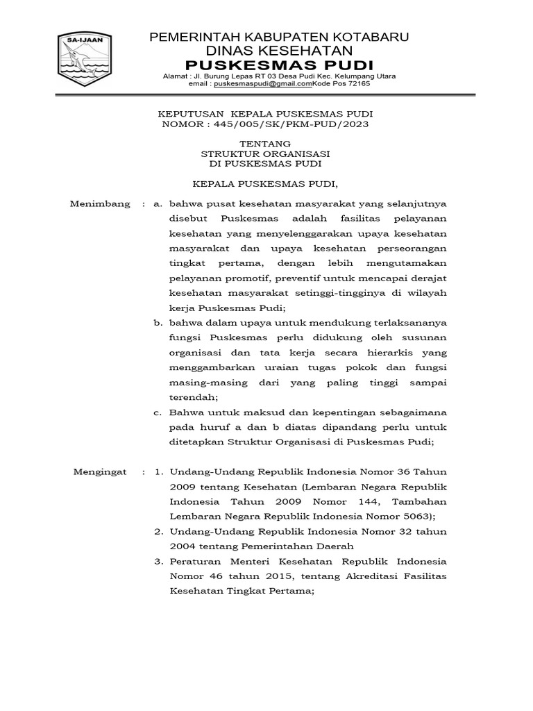Struktur Organisasi Puskesmas Pudi | PDF