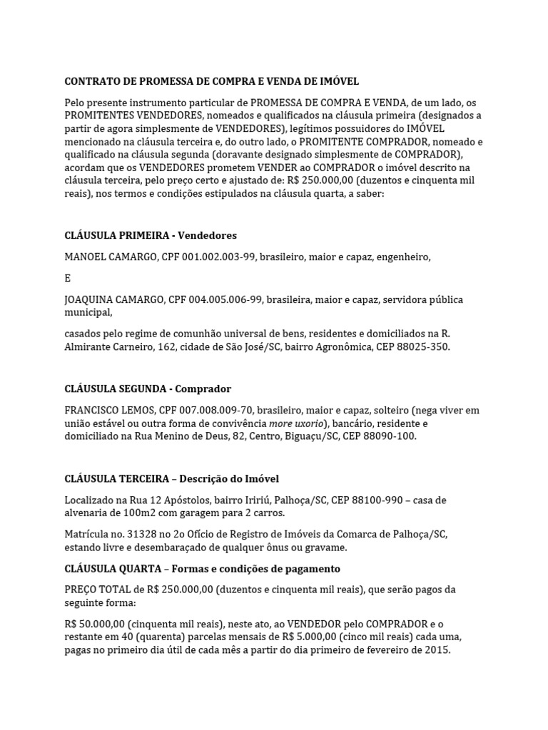Modelo Contrato de Promessa de Compra e Venda de Imovel | PDF ...