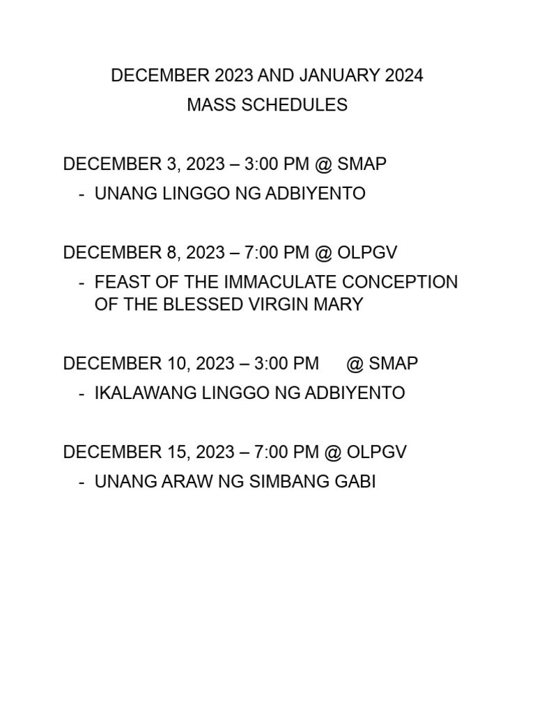 December 2023-January 2024 Mass Schedule | PDF | Sports & Recreation | Social Science