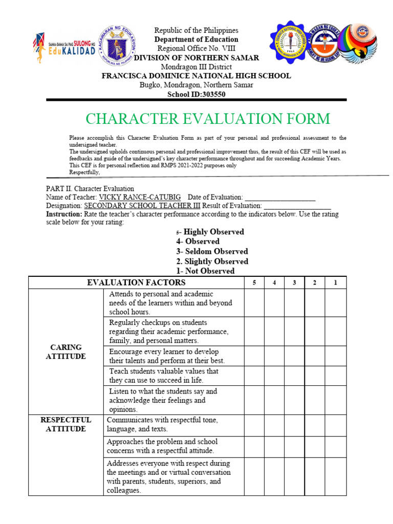Character Evaluation Form | PDF | Teachers | Human Communication