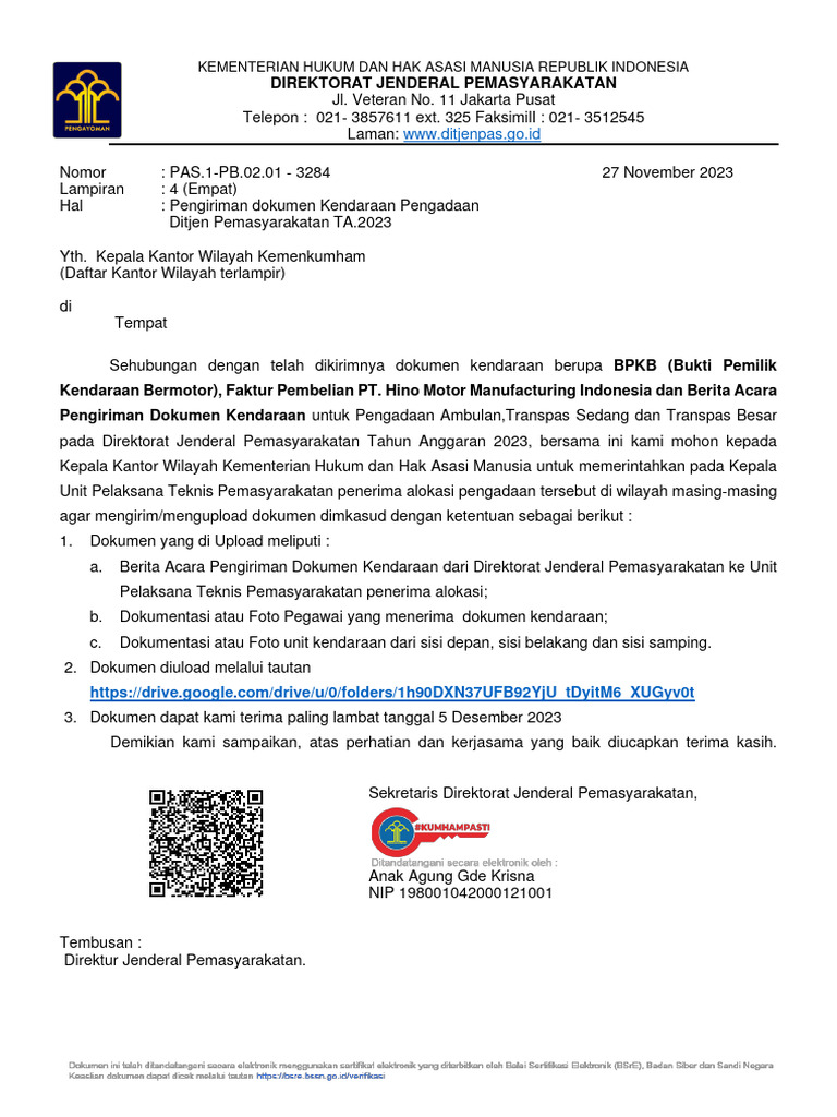 Surat Edaran Pengiriman Dokumen Kendaraan Pengadaan Ditjen Pas Tahun 2023 | PDF