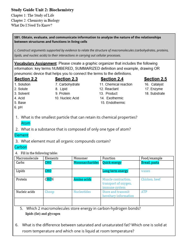 Honors Unit 2 Biochemistry Study Guide S23 | PDF | Ph | Chemical Bond