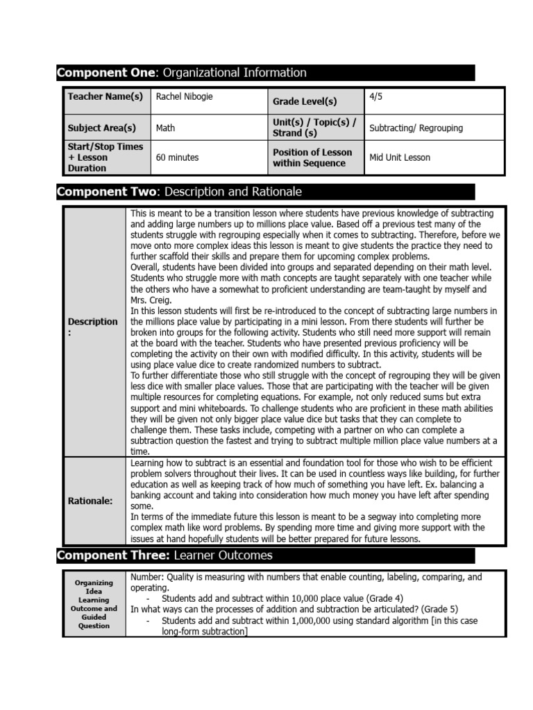 Psi Math Lesson Plan 1 Practicing Long-Form Subtraction Rachel Nibogie ...
