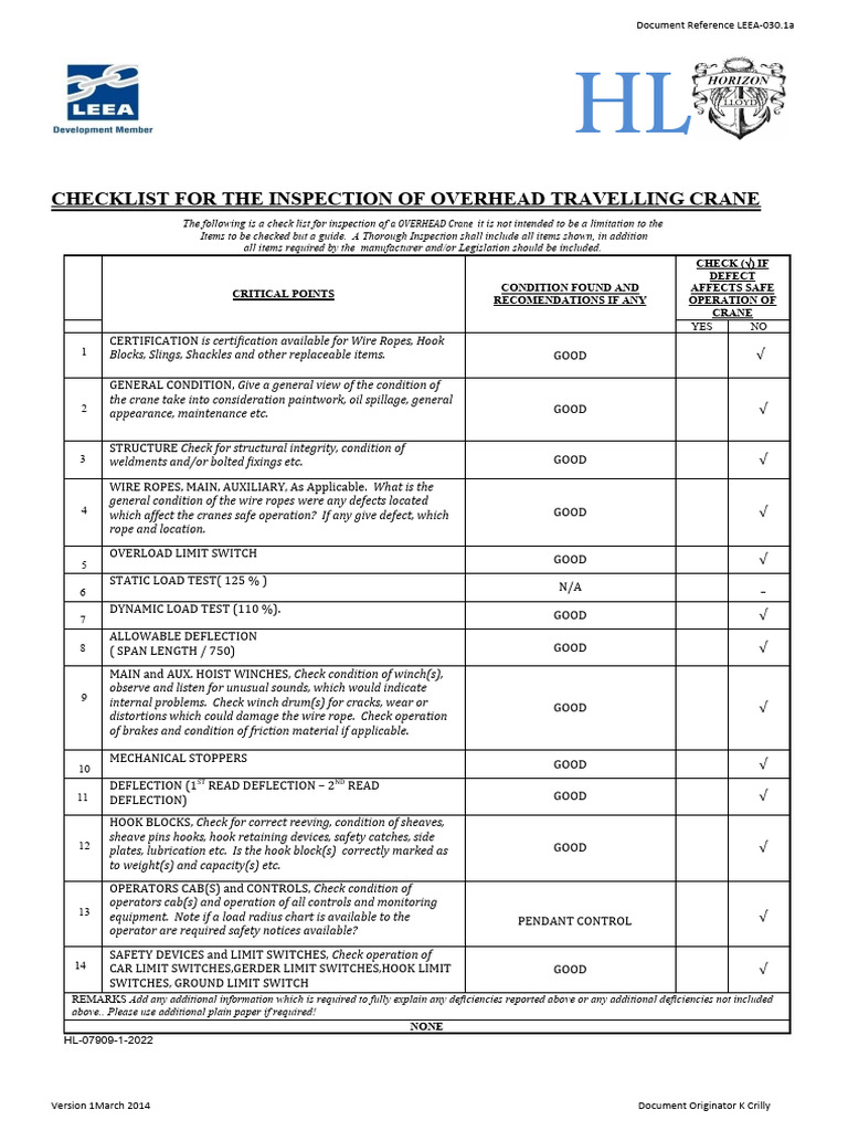 Checklist For The Inspection of Overhead Travelling Crane | PDF | Crane ...