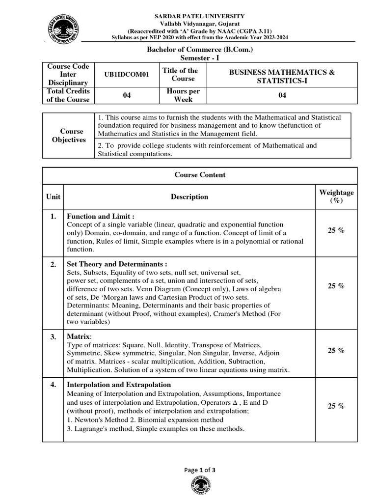 UB1IDCOM01 BUSINESS MATHEMATICS & STATISTICS-I (Inter) | PDF | Determinant | Set (Mathematics)