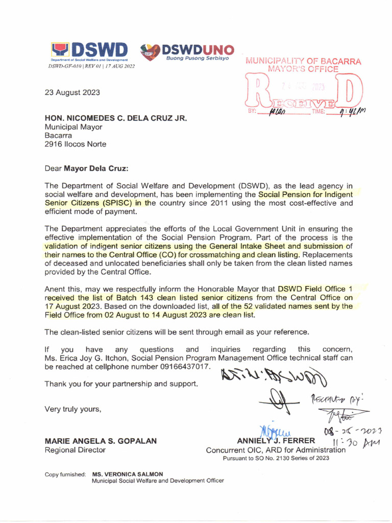 DSWD Social Pension For Indigent Senior Citizen (Spisc) | PDF
