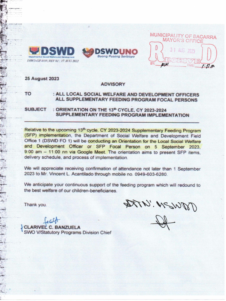 Mswdo Orientation On The 13TH Cycle Cy 2023 2024 Supplementalry Feeding Program Implementation | PDF