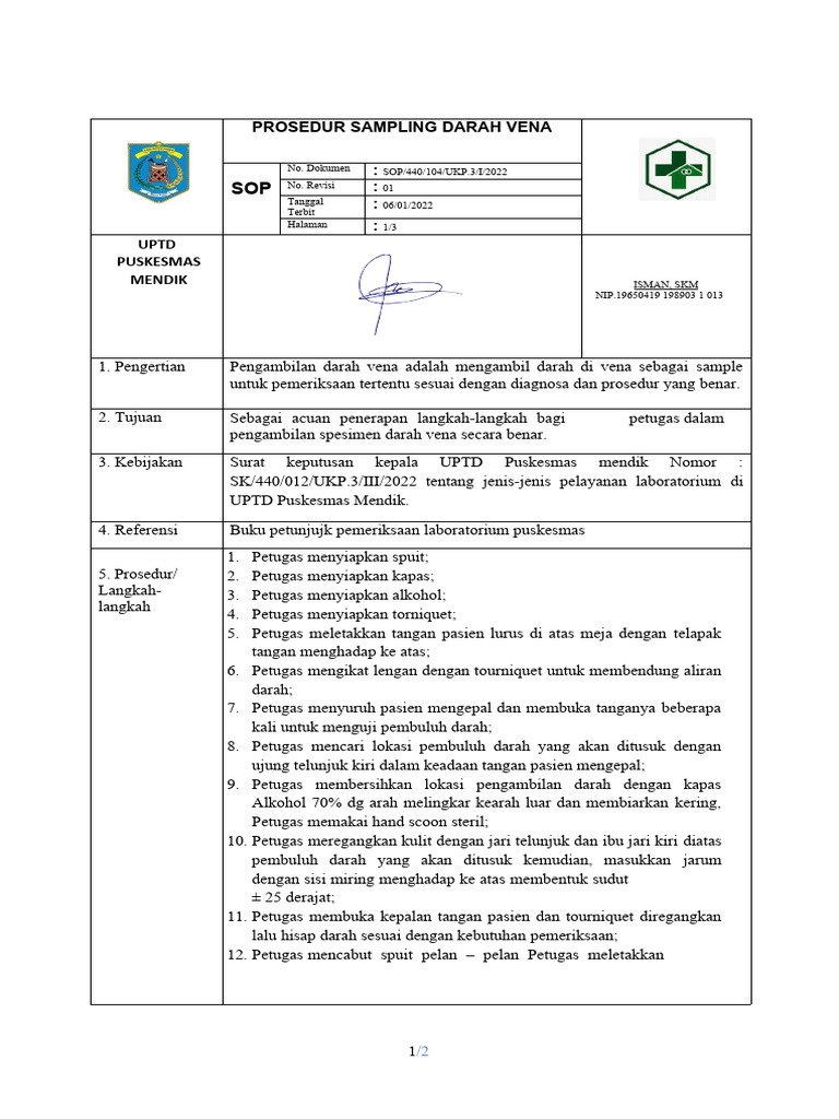 Sop Sampling Darah Vena | PDF