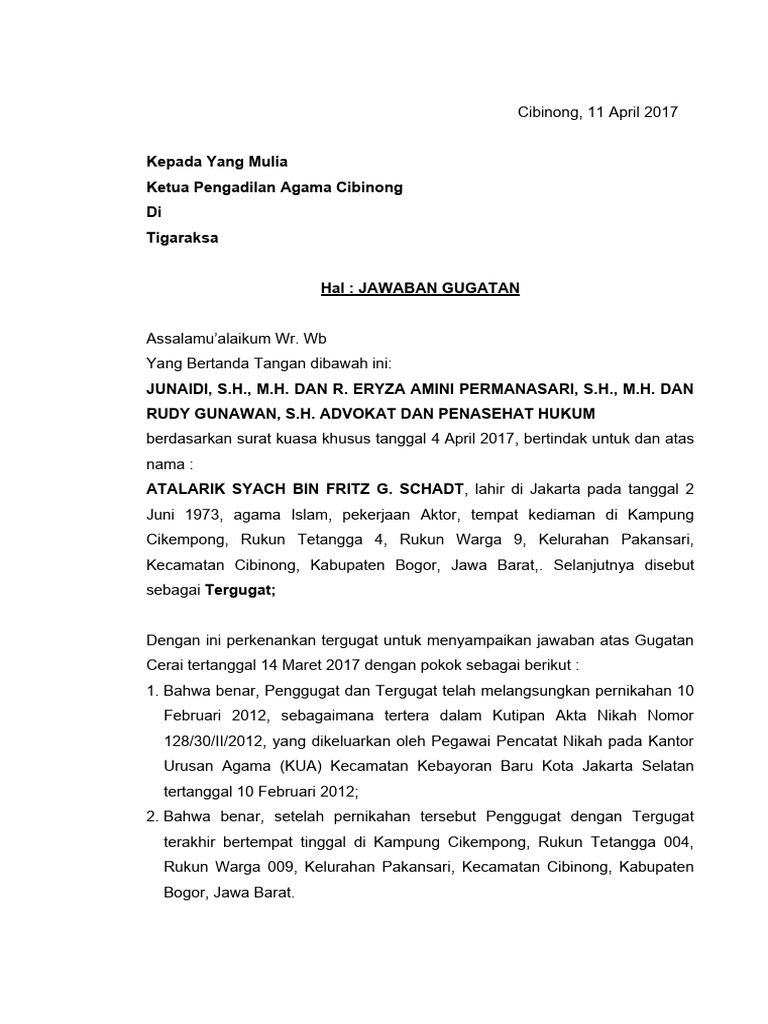 Jawaban Gugatan Cerai Dan Hak Asuh Anak Kelompok 2 Fix | PDF Jawaban Gugatan Cerai Dan Hak Asuh Anak Kelompok 2 Fix | PDF