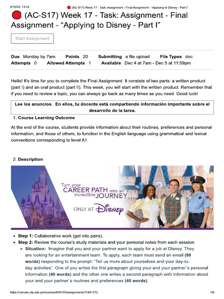 ? (AC-S17) Week 17 - Task - Assignment ... Gnment - "Applying To Disney ...