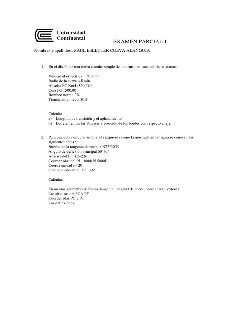 Examen Parcial 1 - Caminos 1 - Paul Esleyter Cueva Alanguia | PDF