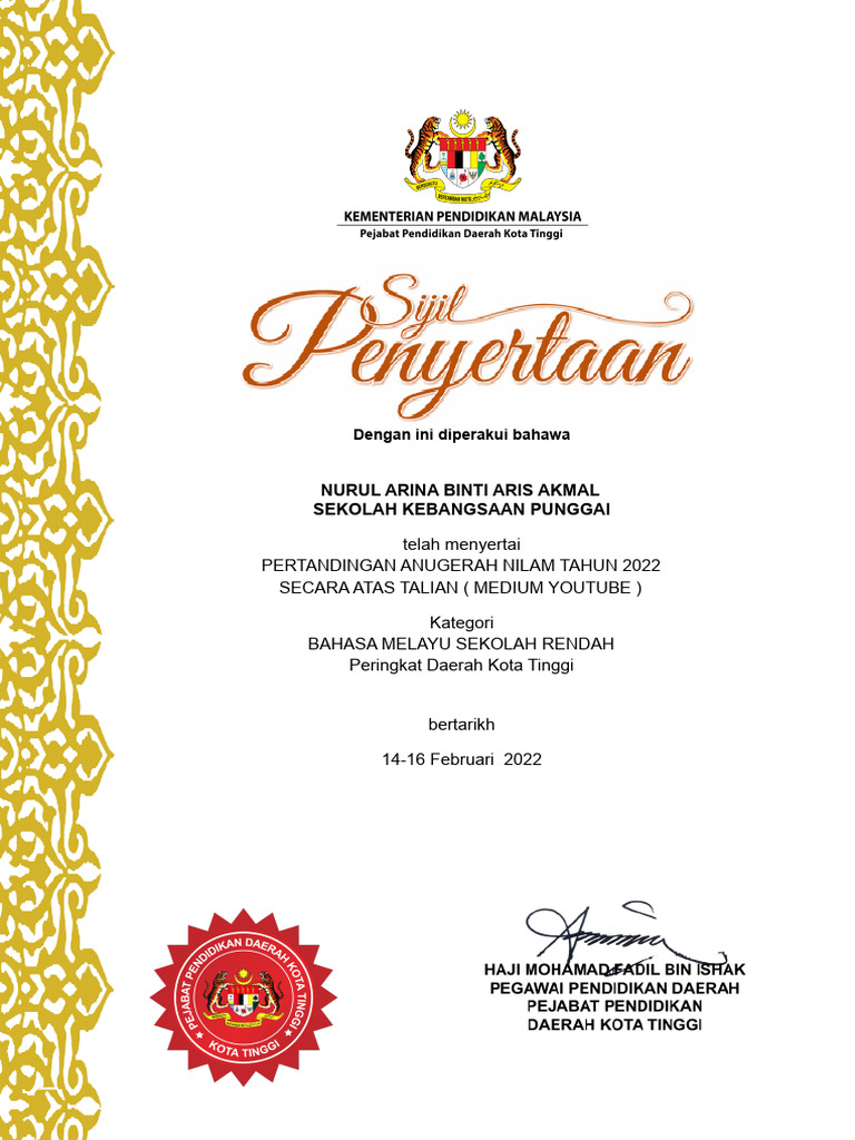 Sijil Penyertaan Anugerah Nilam 2022 | PDF