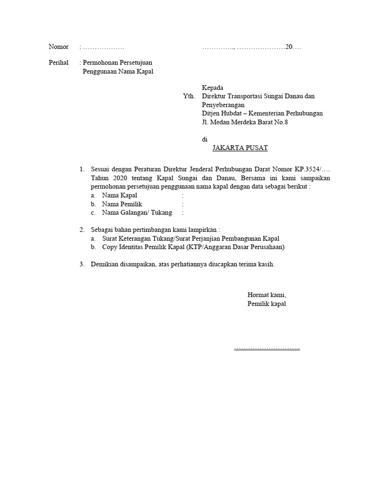 Surat Permohonan Penggunaan Nama Kapal | PDF
