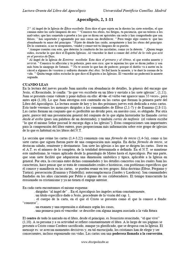 02.lectio Apocalipsis 2,1-11 Trini Brunet | PDF | Juan el apóstol | Jesús