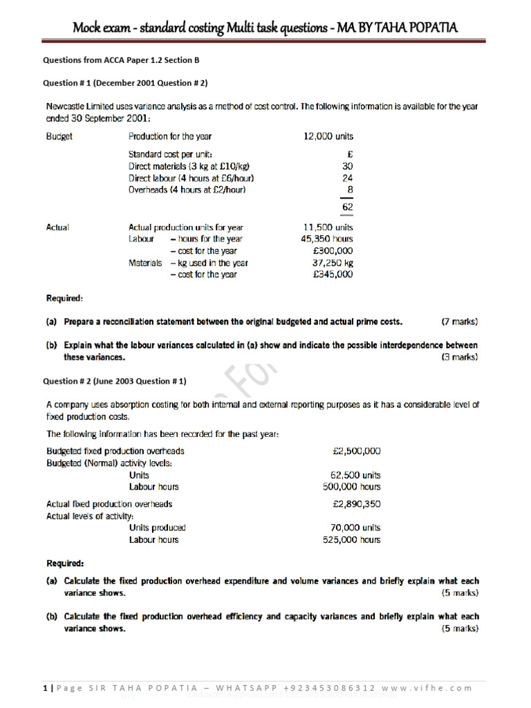 Mock Exam - Standard Costing Multi Task Questions | PDF | Computers | Technology & Engineering