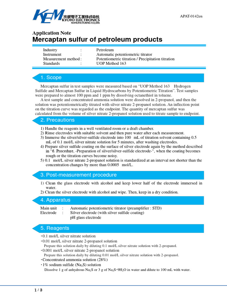 Mercaptan Sulfur of Petroleum Products: Application Note | PDF | Titration | Chemistry