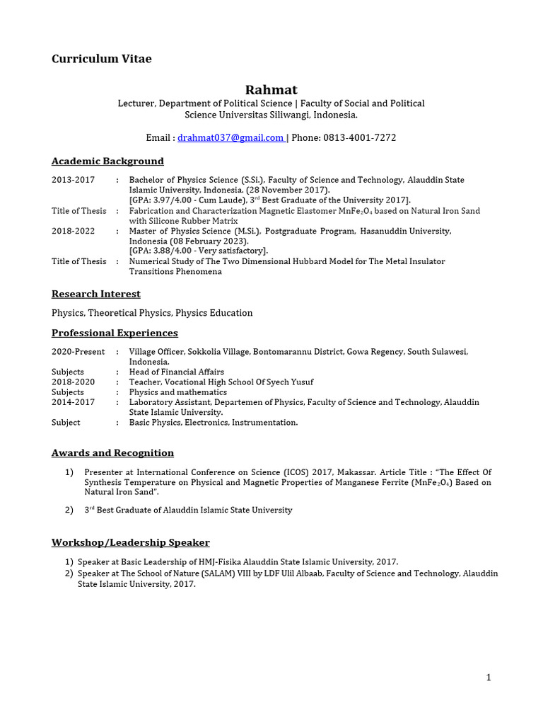 CV Riska Sarofah | PDF | Science | Physics