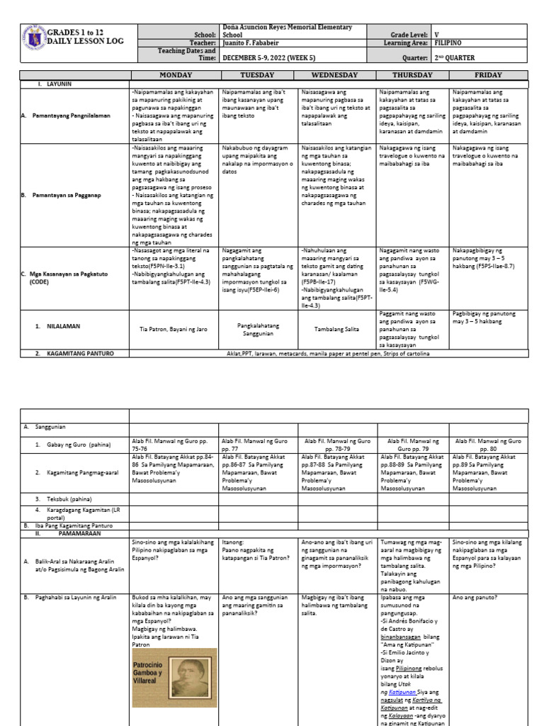 DLL - Filipino 5 - Q2 - W5 | PDF