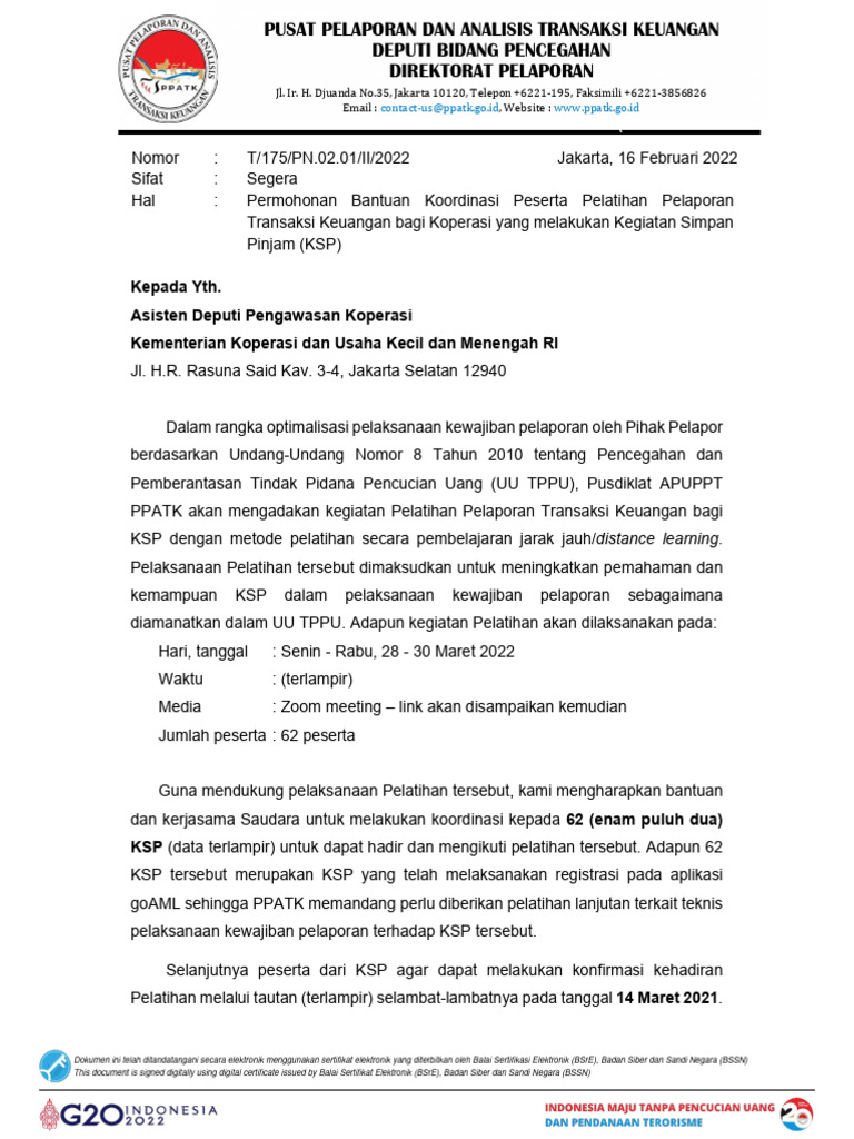 Surat Undangan Pelatihan Pelaporan Transaksi Keuangan Bagi KSP | PDF ...