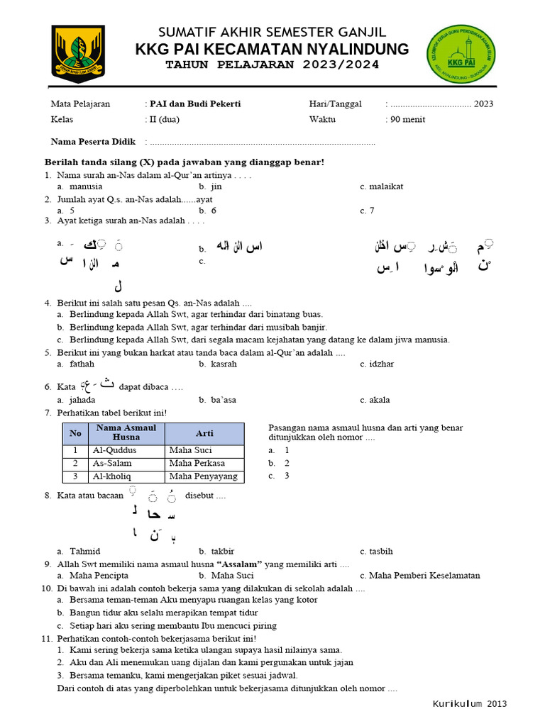 02 Soal SAS Kelas 2 - PAI K13-Oke,..! | PDF