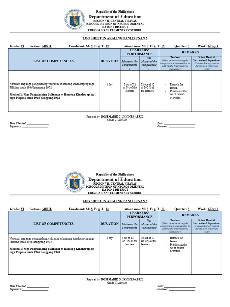Aral. Pan Week 1 Log Sheet | PDF