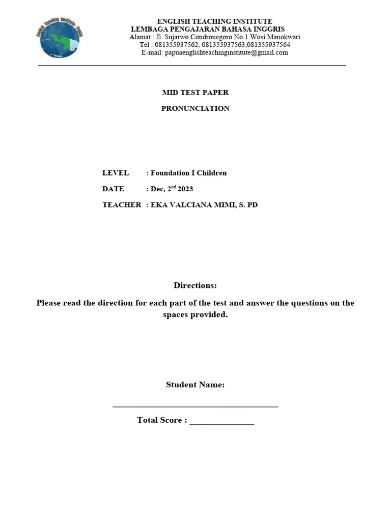 Soal Mid Test FOUNDATION I Children | PDF