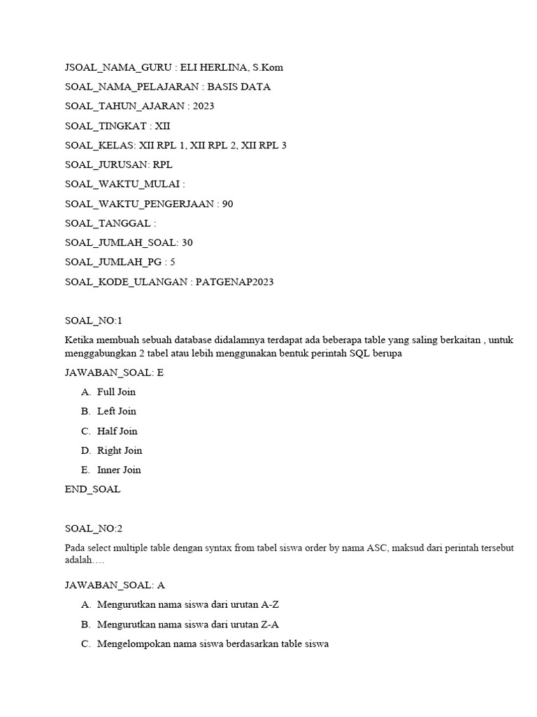 SOAL BASIS DATA KELAS XII | PDF
