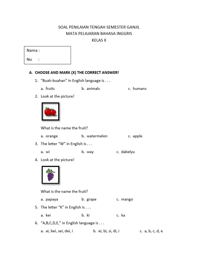 Soal PTS Ganjil Bahasa Inggris Kelas 2 | PDF | Edible Fruits | Plants