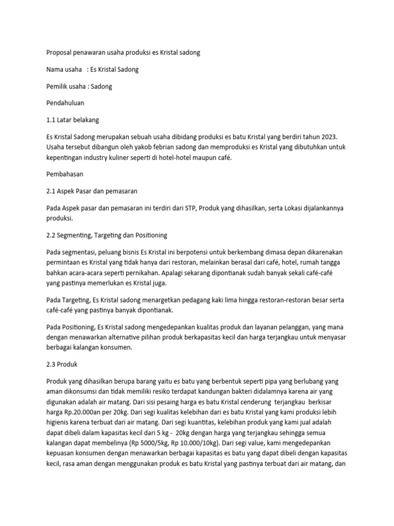 Proposal Penawaran Usaha Produksi Es Kristal Sadong | PDF | Bisnis | Teknologi & Rekayasa