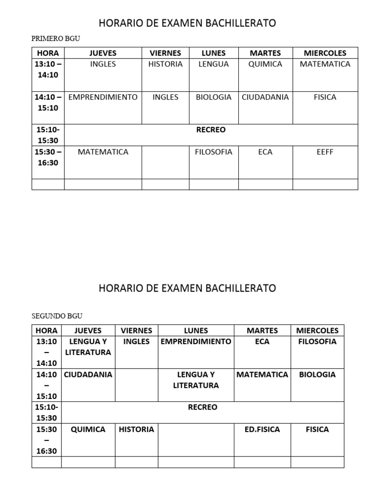 Horario de Examen Bachillerato-2023 | PDF