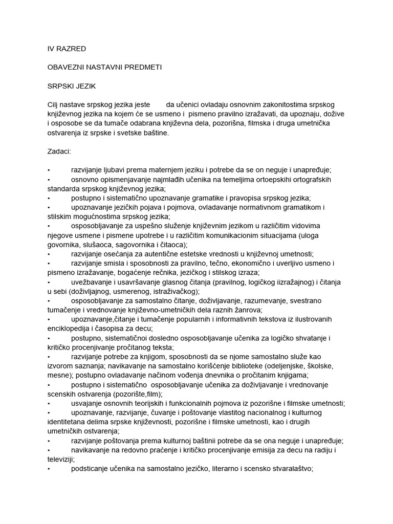 Ciljevi-ishodi-kompetencije-IV-razred | PDF