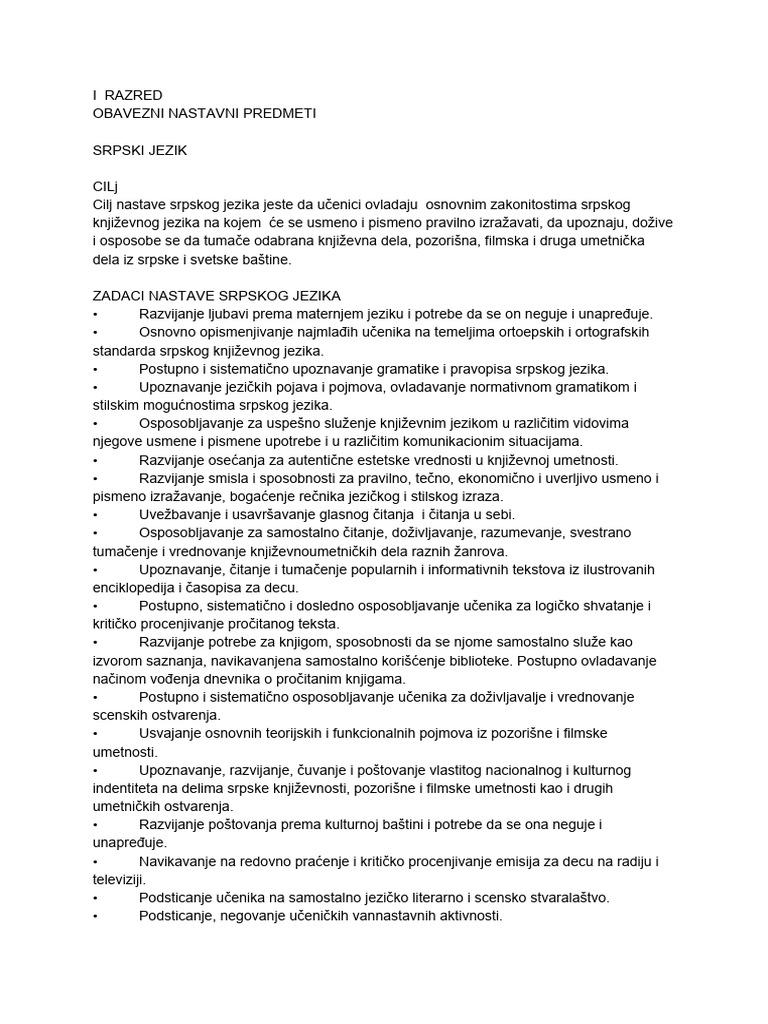 Ciljevi-ishodi-kompetencije-I-razred | PDF