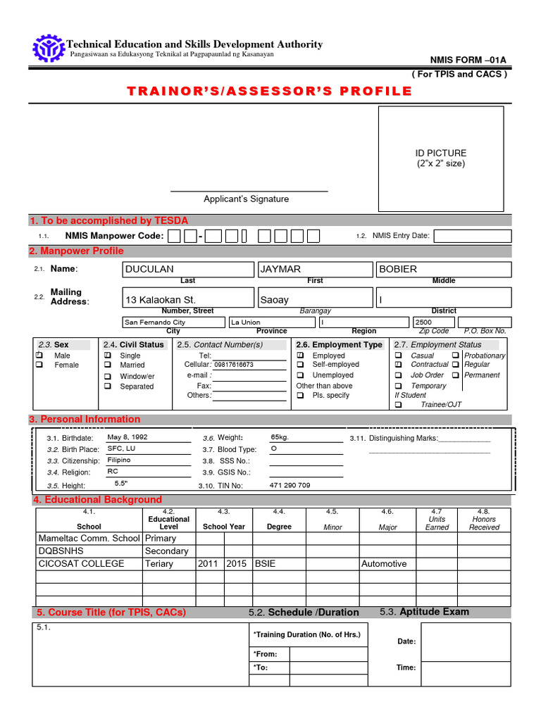 Final Trainors Assessors Profile Form | PDF