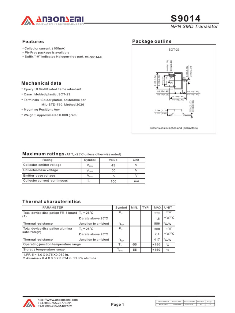 AnBon-S9014 C541685 | PDF | Bipolar Junction Transistor | Physical Sciences