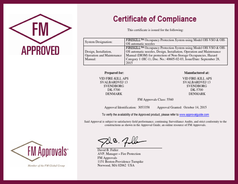 FM Certificate FIREKILL Model OH OS and OH VSO 1 | PDF