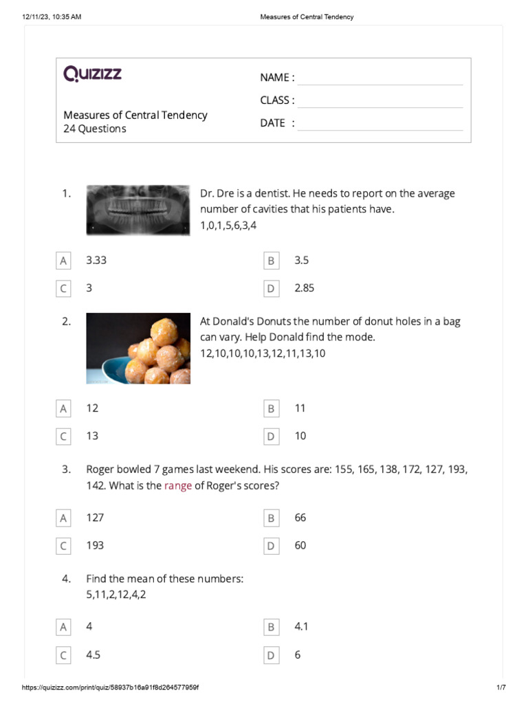 Measures of Central Tendency Quiz | PDF | Mean | Average
