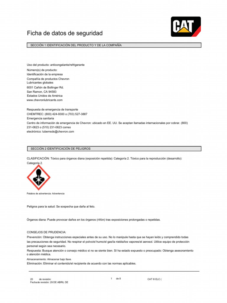 MSDS - CAT ® ELC (Extended Life Coolant) - Actualizada | PDF | Agua | Toxicidad