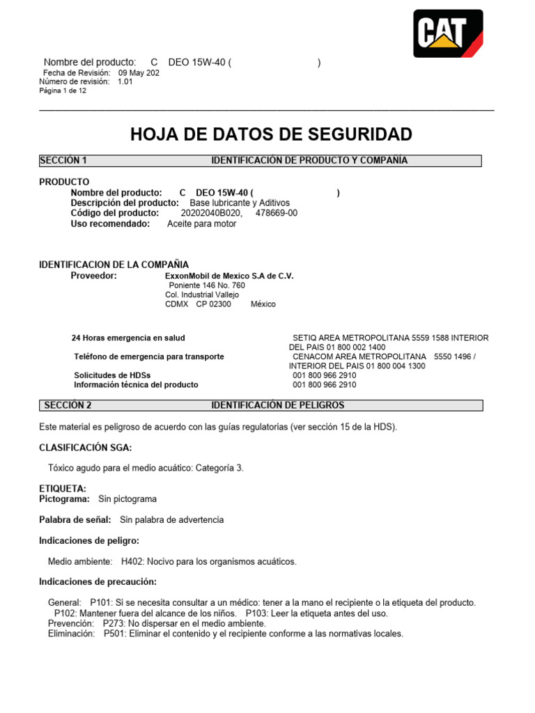 Hoja de Seguridad Aceite Cat DEO 15W-40 | PDF | Agua | Descarga ...