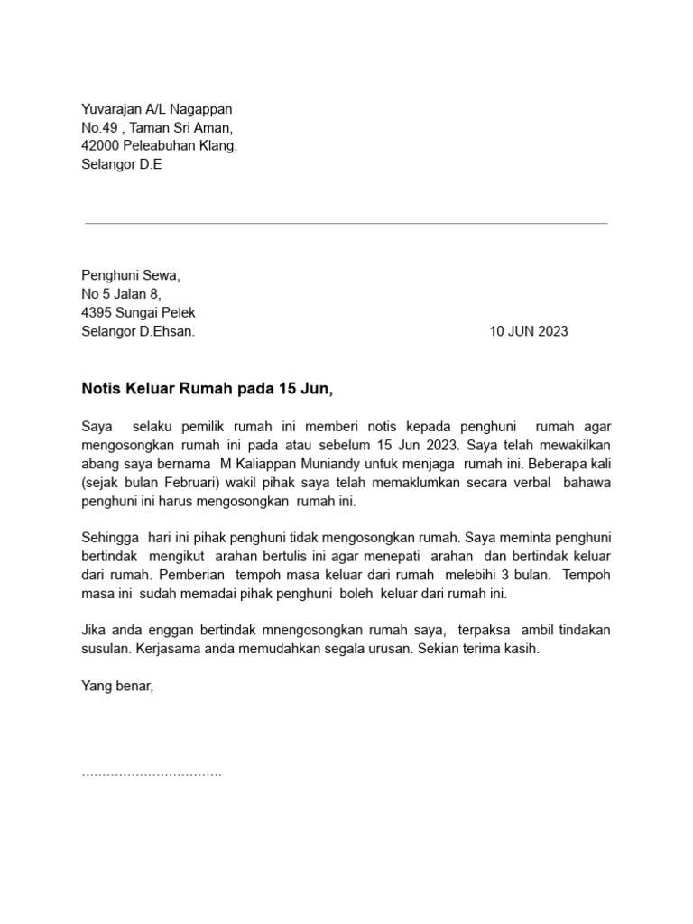 Notis Pengosongan Rumah Sewa | PDF