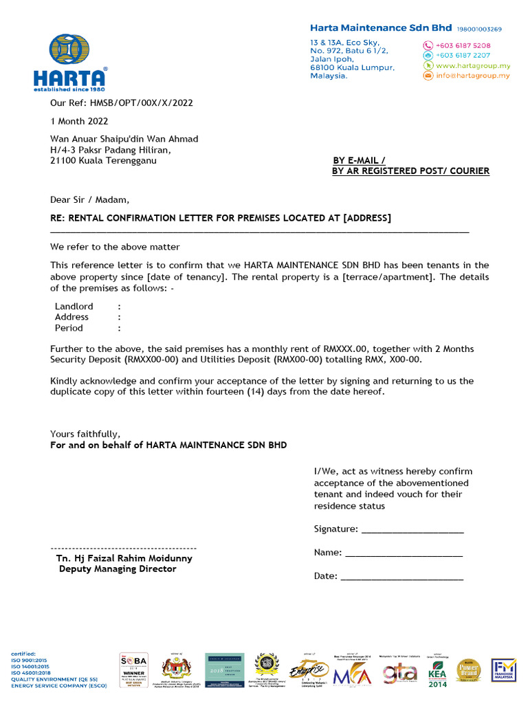 Confirmation Letter of Tenancy -Sample | PDF