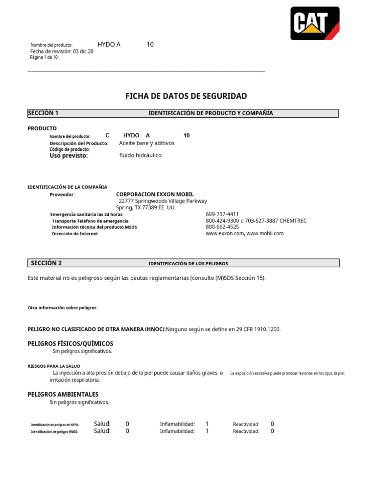4. MSDS_Cat HYDO Advanced 10_Actualizado | PDF | Ventilación ...