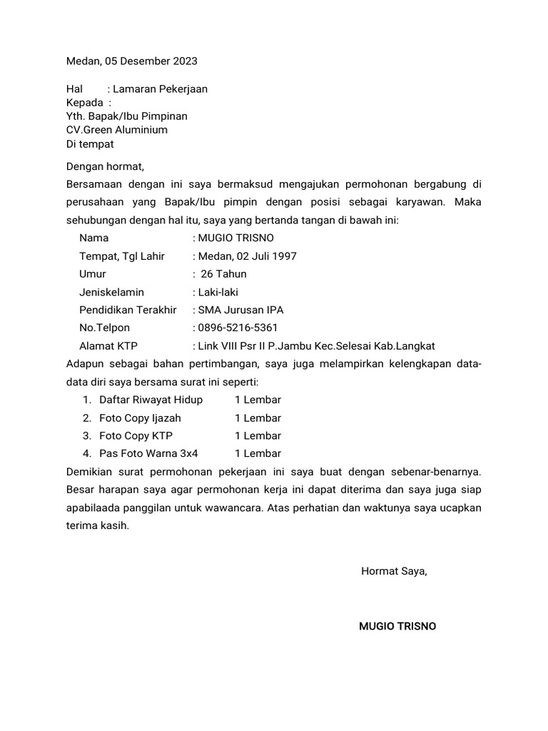 Lamaran Kerja Pabrik Aluminium | PDF