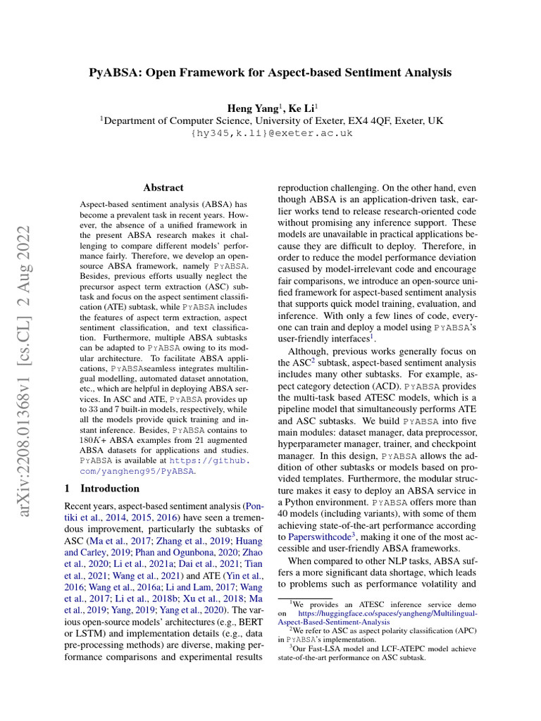 Pyabsa: Open Framework For Aspect-Based Sentiment Analysis | PDF | Usability | Computing