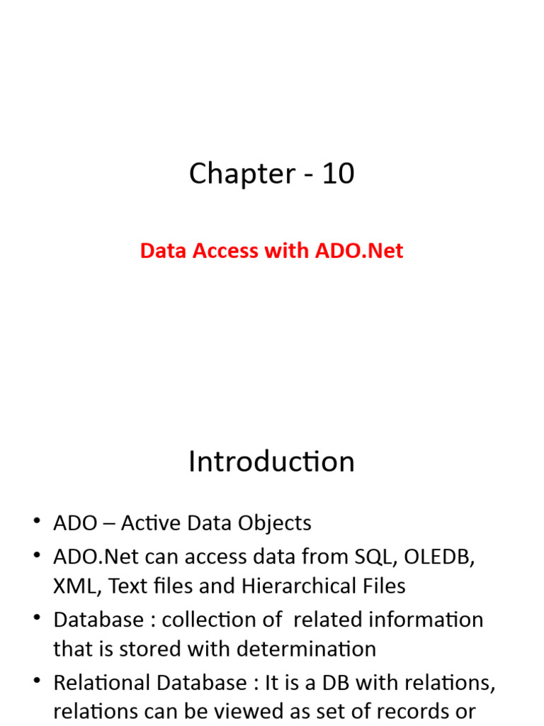 Bca Chapter 10 Ado Net With Database Pdf Relational Database Active X Data Objects