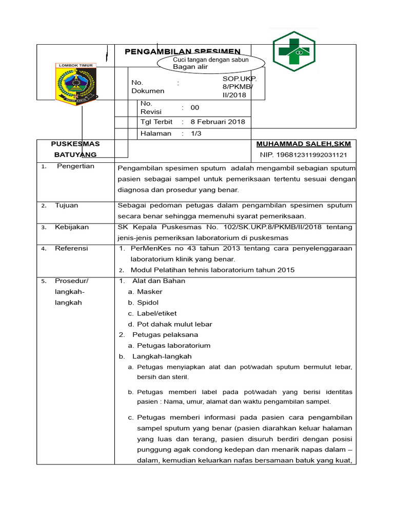 8.1.2.2.c SOP Pengambilan Spesimen Sputum | PDF